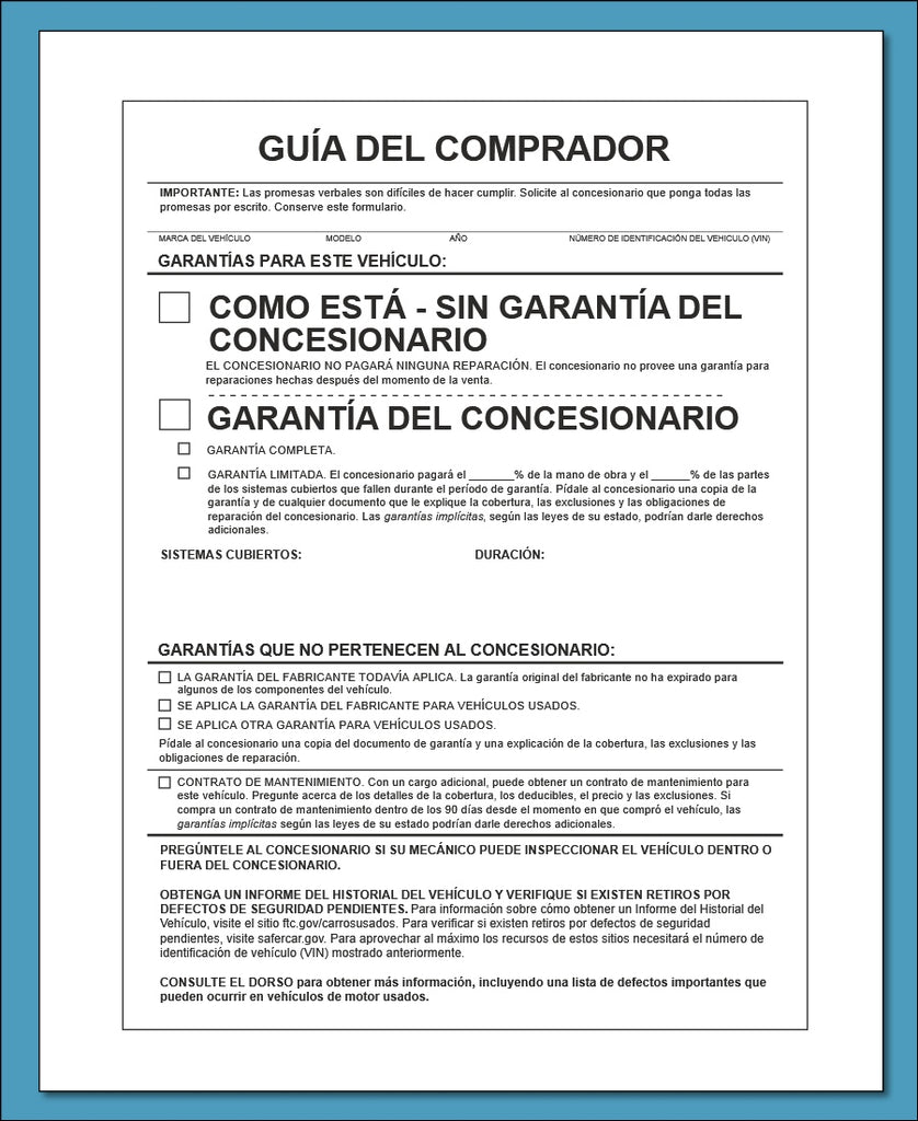 FTC Buyers Guides - AS IS Spanish | Dealer Forms | ADR of OKLA – ADR of ...