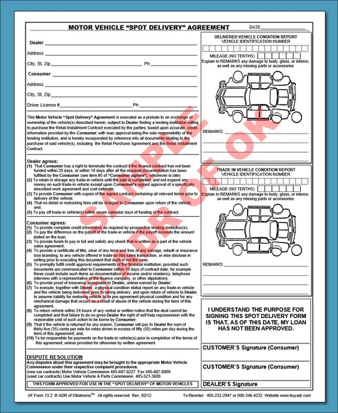 Spot Delivery Form | Dealer Forms | ADR of OKLA – ADR of Oklahoma